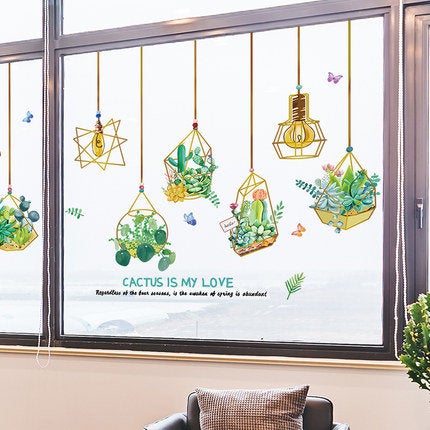 Green Wall Art Print Cactus Flower Hanging Pots With Quotes Wall Decal ...